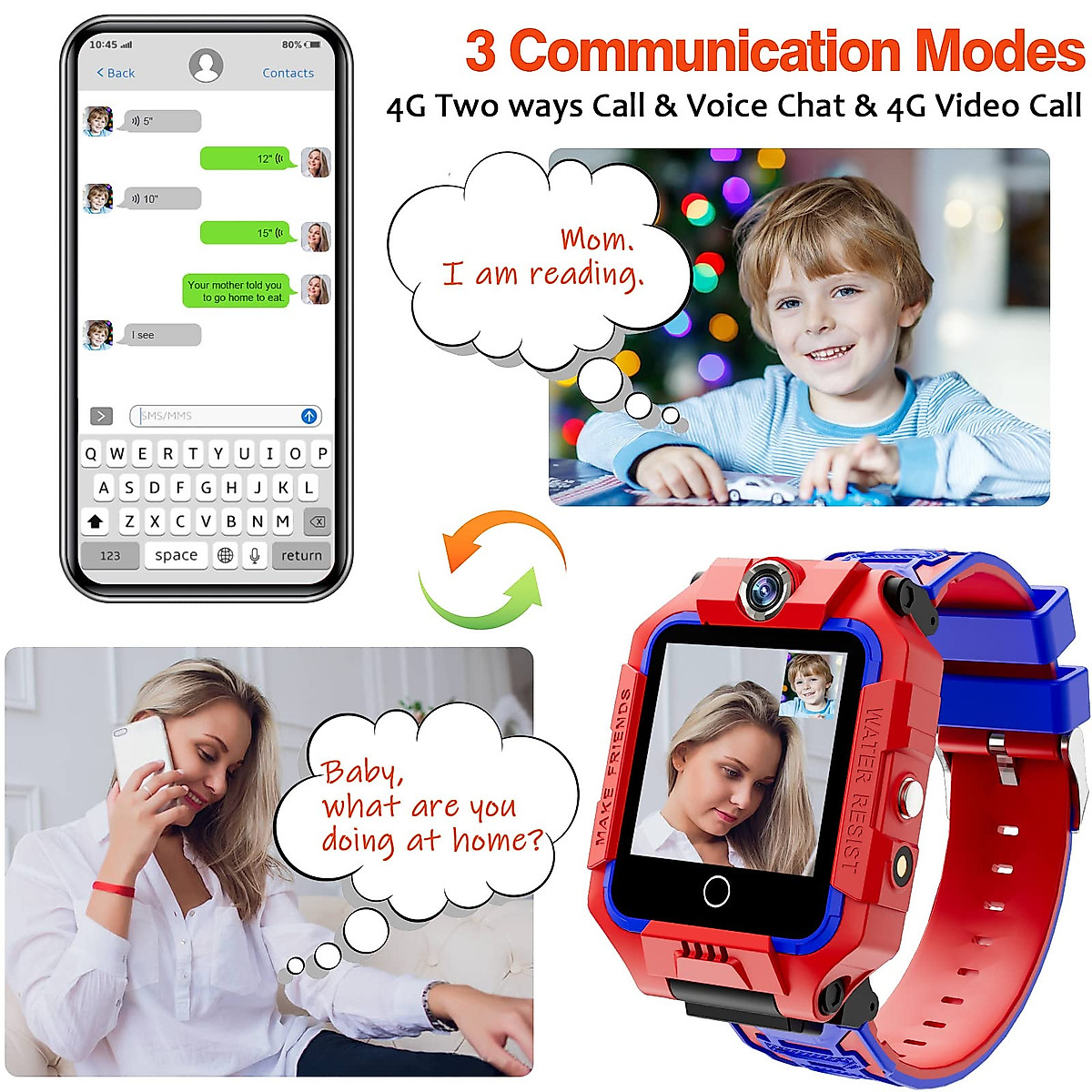 OKYUK 4G Kids Watch Phone T10, Funny 360° Rotation Screen Dual Camera Smart Watch for Boys Girls, IP67 Waterproof, 2-Way Calls, GPS, SOS, Video Calls, Remote Control, Pedometer Smartwatch (Red)