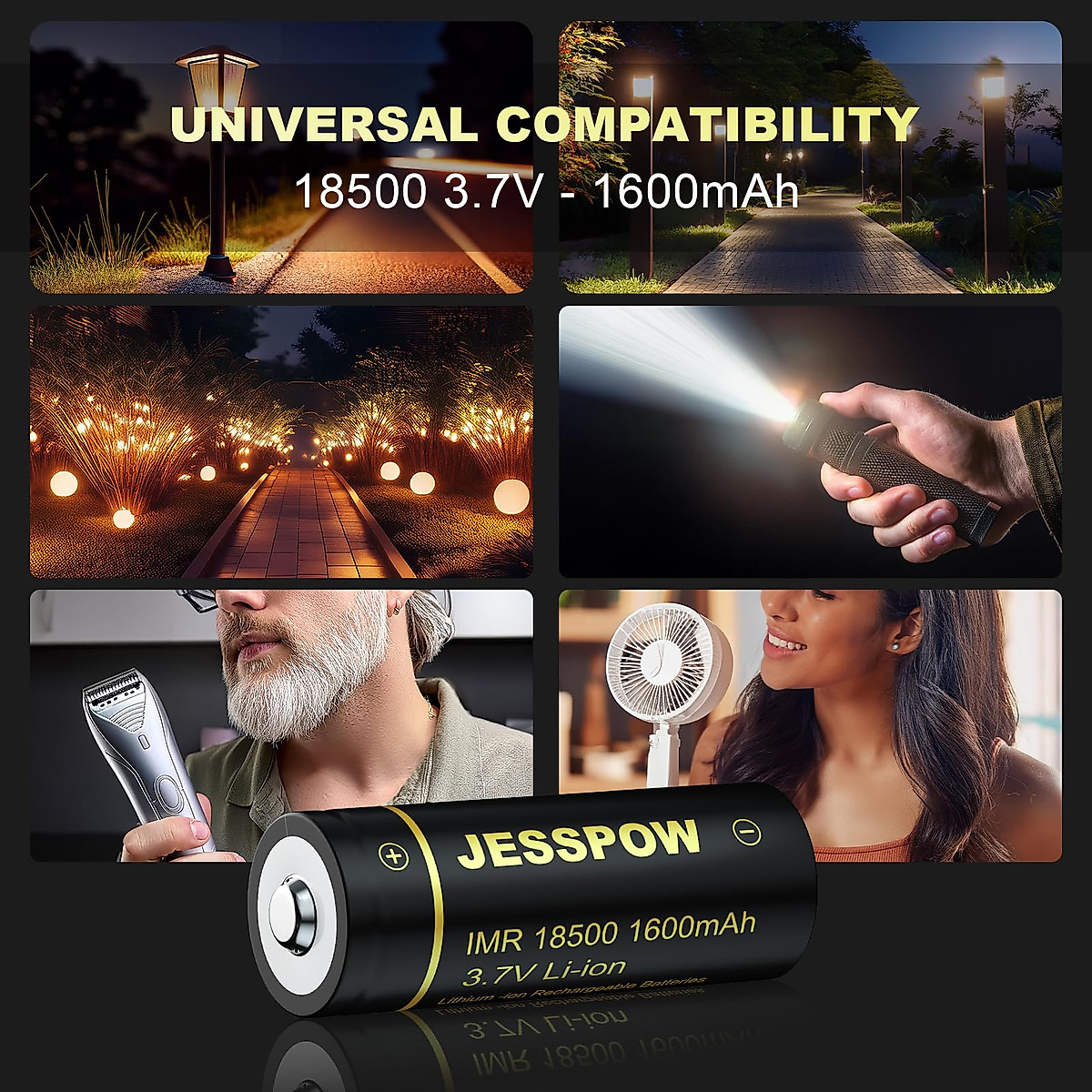 JESSPOW 18500 Battery, IMR 18500 Rechargeable Li-ion Battery 1600mAh 3.7V for Flashlight, Solar Garden Light and More, 18500 Rechargeable Solar Batteries with Button Top (8 Pack)