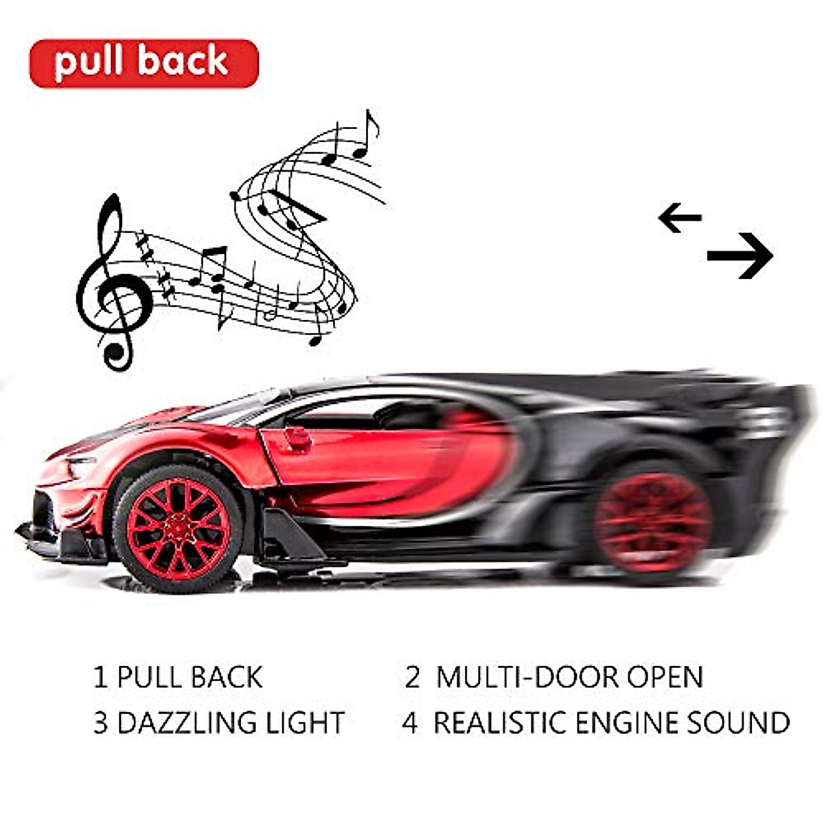 BDTCTK Bugatti Vision GT Supercar 1/32 Zinc Alloy Die Casting Pull Back Car Model Toy Sound and Light for Boy Girl Gift （red）