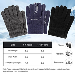 ORVINNER Kids Winter Gloves for Boys Girls, 3 Pairs Children Warm Wool Lined Gloves Toddler Thermal Knitted Mittens (Black/Navy/Dark Grey - Solid Color)