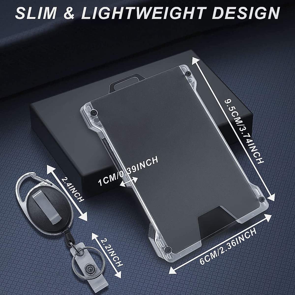 Minimalist Wallet for Men - Ultra Slim Aluminum Credit Card Holder Metal Wallet with Clear ID Window Badge Holder, RFID Blocking, Front Pocket Wallet with Money Clip and Retractable Keychain Black