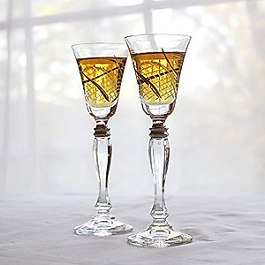 Glazze Crystal Set of 6 Handcrafted Cordial Glasses with Hand Painted Real platinum - Hand Cut wavy Trimming - Luxurious Gift for Men and Women - 6"H 2oz