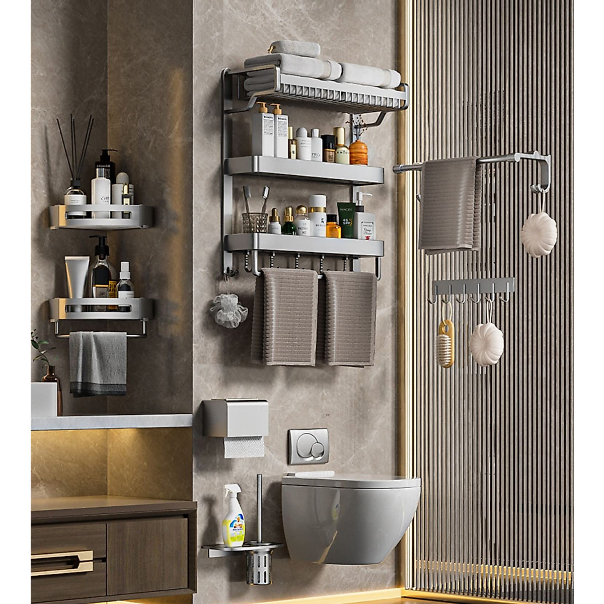 SEIFE Wall Mounted Towel Rack Shelf Stud Mount Double Towel Rack for Bathroom Stainless Steel Constructed Rust-Proof Shelf with Built-in Bars and Hooks Brushed Nickel Wall Mounted Bathroom Shelves (C