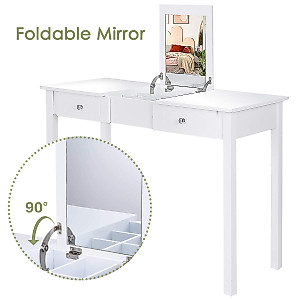 Giantex Vanity Table with Flip Top Mirror, Makeup Dressing Table Writing Desk with 2 Drawers and Removable Organizer 9 Compartments, Bedroom Vanity Table for Girls Women, Easy Assembly, White