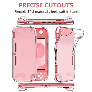 GeeRic 8PCS Case Compatible with Switch Lite, (Not Compatible With Switch) Carrying Case Accessories Kit, 1 Soft Silicon Case + 2 Screen Protector + 4 Thumb Caps + 1 Storage Carrying Bag Pink