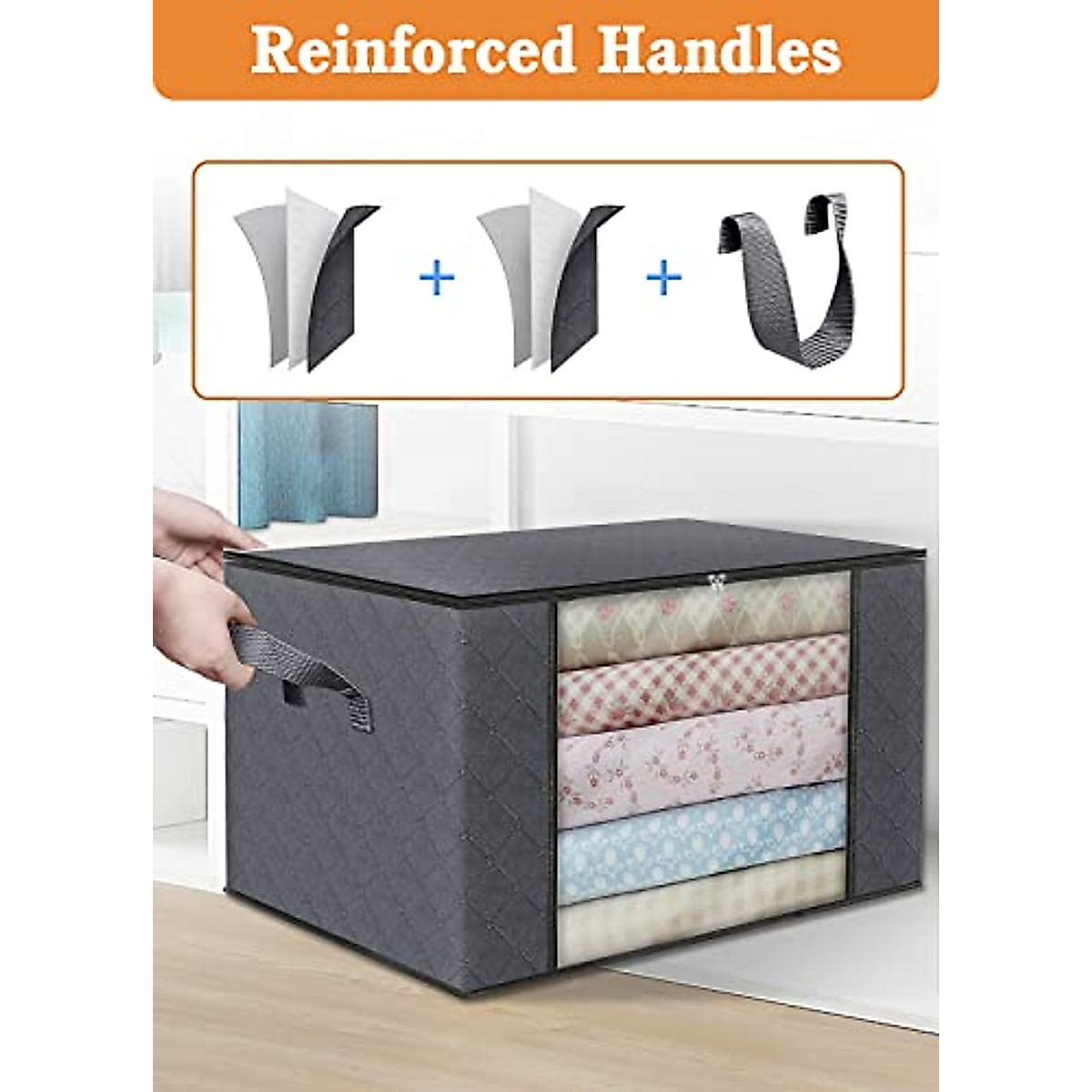 BlissTotes Storage Clothing Bags Storage Clothes Organizer with Reinforced Handle Sturdy Fabric Clear Window for Blankets, Bedding, Collapsible with Sturdy Zipper, 6 Pack, 60L, Grey