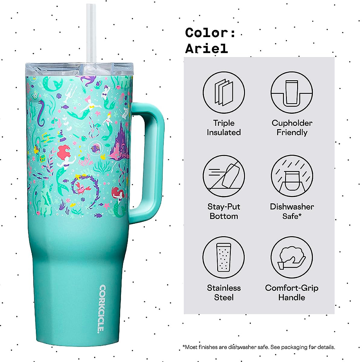 Corkcicle x Disney Princess Ariel Cruiser Insulated Tumbler with Handle & Straw - 40 oz Reusable Water Bottle Keeps Beverages Cold for 20 Hrs, Hot for 9 Hrs – Cupholder Friendly, Spill Proof Tumbler