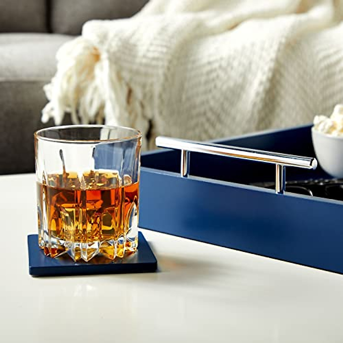 Blue Serving Tray for Coffee Table, 16x12 with Coasters, Decorative Interchangeable Gold and Silver Handles