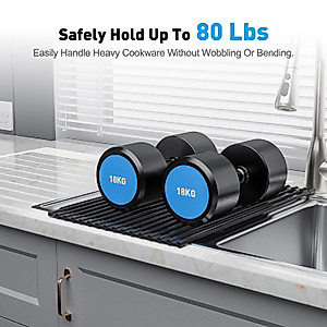 EMBATHER Roll Up Dish Drying Rack Over The Sink, Dish Drying Rack for Kitchen Counter, Multipurpose Stainless Steel Foldable Kitchen Drainer Rack with Silicone Mat, Anti-Slip,(Black, 17.8"x13.5")