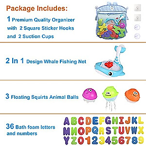 Bath Toy Sets, 36 Foam Bath Letters and Numbers, Floating Squirts Animal Toys Set with Fishing Net and Organizer Bag, Fish Catching Game for Babies Infants Toddlers Bathtub Time
