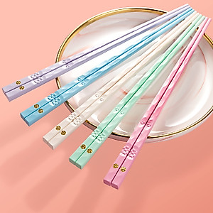 HELERKOL 5 Pairs Fiberglass Multicolor light color Chopsticks Carved Gold Glitter Patch Chopsticks Reusable Non-Slip Lightweight Chinese Japanese Korean Chopsticks Dishwasher Safe, 9.6 Inch long