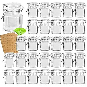 Glass Jars With Lids, KAMOTA 30 pack of 3.5 oz small glass jars for storage spice herbal condiments with leak-proof rubber gaskets and airtight hinged lids, 280 labels and 2 silicone funnels