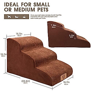 Topmart 3 Tiers Foam Dog Ramps/Steps,Non-Slip Dog Steps,Extra Wide Deep Dog Stairs,High Density Foam Pet Stairs/Ladder,Best for Older Dogs,Cats,Small Pets,with 1 Pet Hair Remover Roller,Color Brown