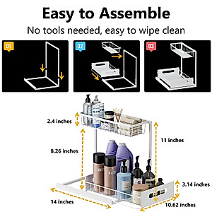 Ceetug Under Sink Organizers and Storage 2 Tier Slide Out Kitchen Cabinet Organizer Sturdy Metal Bathroom Storage (White, 1 Pack)