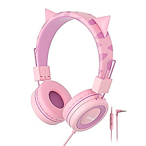 SIMJAR Cat Ear Kids Headphones with Microphone for School, Volume Limiter 85/94dB, Wired Girls Headphones with Foldable Design for Online Learning/Travel/Tablet/iPad (Pink)