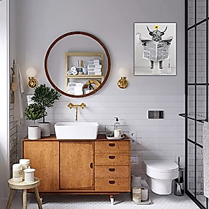 FOTRIC Highland Cow Reading Newspaper In Toilet Canvas Print Country Cow and Sunflower Wall Art Painting Bedroom Bathroom Framed Wall Decor (Wooden frame8''x10'',A)