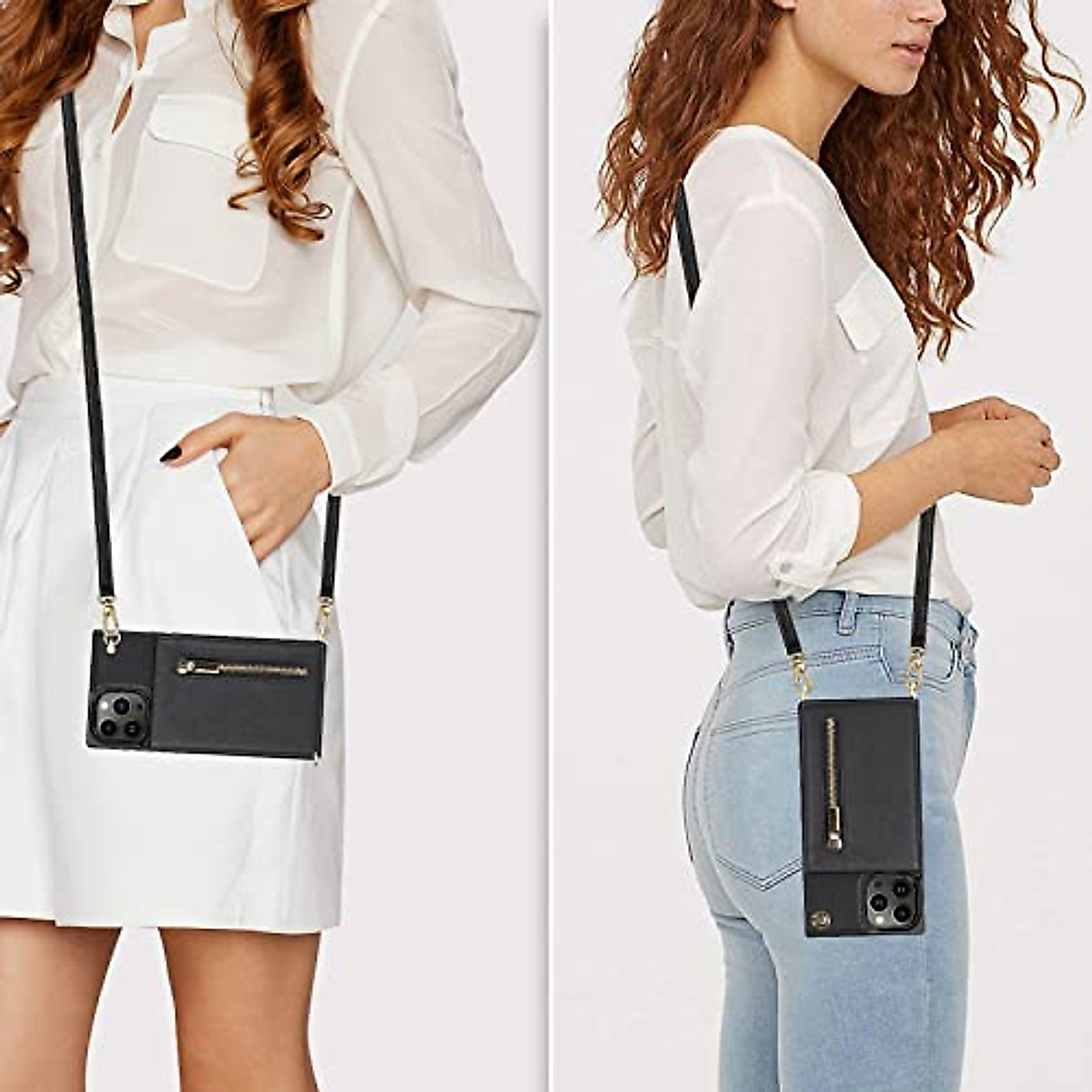 HOGGU Crossbody iPhone 14 Pro Max Case Wallet with Card Holder, Flip Leather iPhone 14 Pro Max Crossbody Case with Strap, Kickstand, Zipper Purse, Protective Square Phone Case for Women Girls-Black