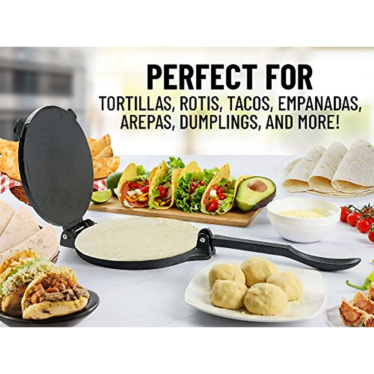 Zulay Cast Iron Tortilla Press 8 Inch - Pre Seasoned with 100 Pieces Parchment Paper - Heavy Duty Roti Maker and Flour Tortilla Press for Quesadilla, Naan, Chapati, Samosa, Poori, Saj Bread, Lahmacun