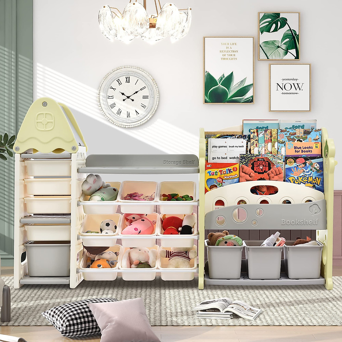 Veemuaro Toy Storage Organizer, Kids Bookcases and Children's Organizer Rack, Box Chest with 17 Bins 4 Tier Bookshelf for Room Classroom (All-in-One, Light Green) (06AAF)