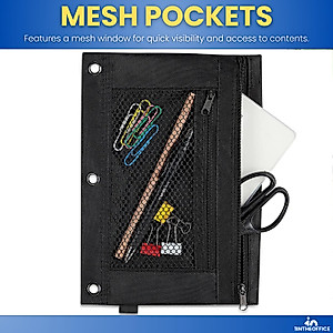 1InTheOffice Black Pencil Pouch, 3 Ring Binder Pencil Bag, Pencil Case with Double Pocket and Mesh Window, 4 Pack (Canvas Black)