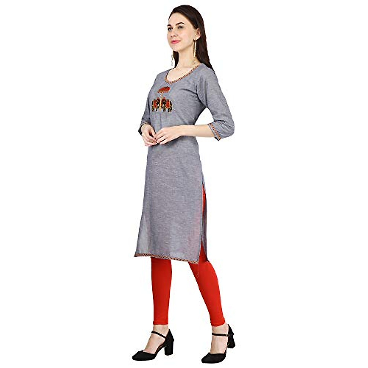 Indian Women's Embroidered Cotton Kurti Grey Top By Ramkudi