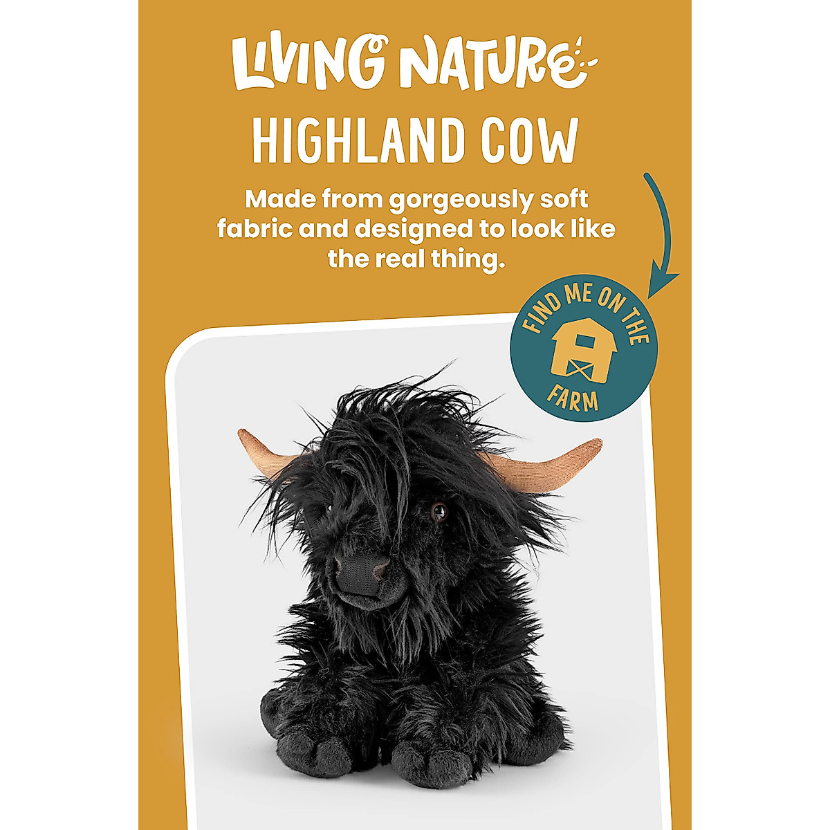 Living Nature Highland Cow Black Stuffed Animal | Farm Toy with Sound | Soft Toy Gift for Kids | 9 Inches