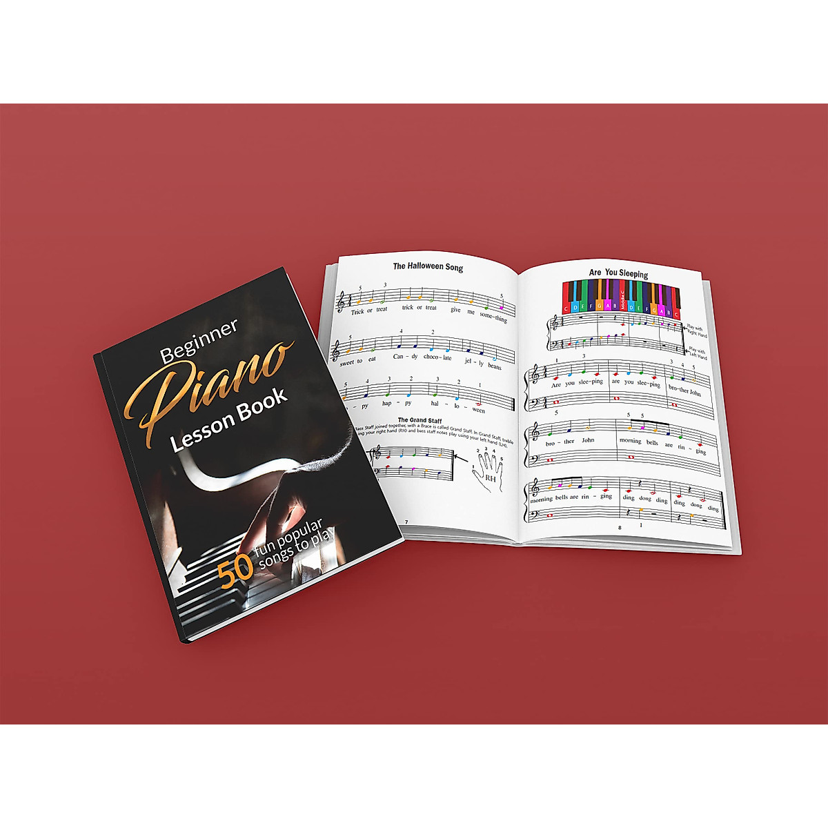 Beginner Piano Book for Kids, Piano Keyboard Stickers, 50 Amazing & Popular Songs, Color Piano Key Stickers for 88/76/61/54/49/37 Key Keyboards, Transparent and Removable