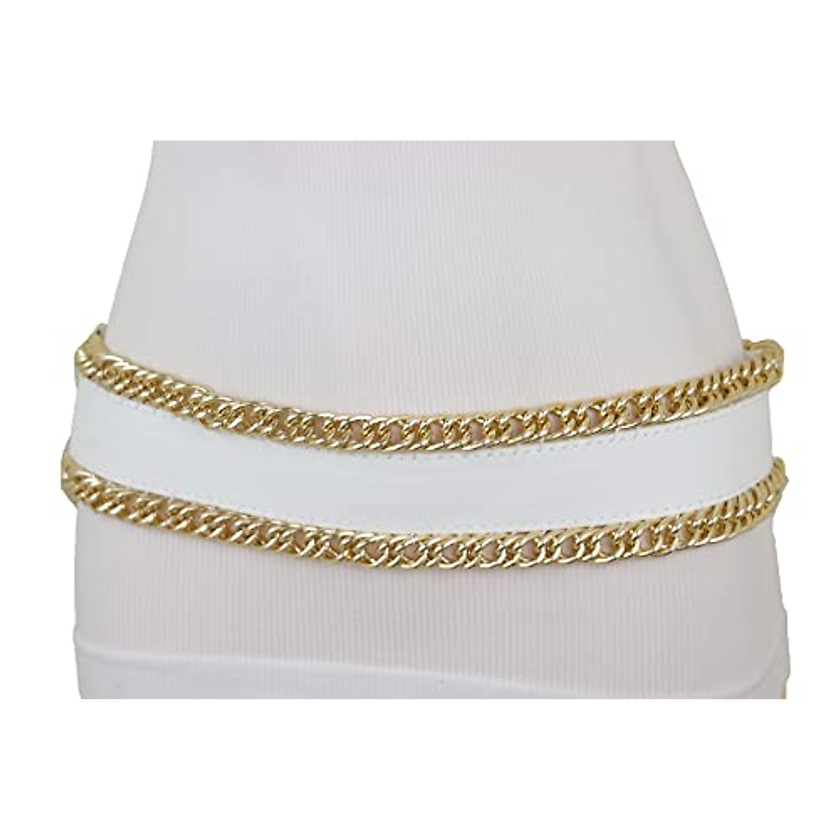 Women White Wide Fashion Belt - Elastic Waistband Gold Metal Chain Links Size S, Silver, One Size