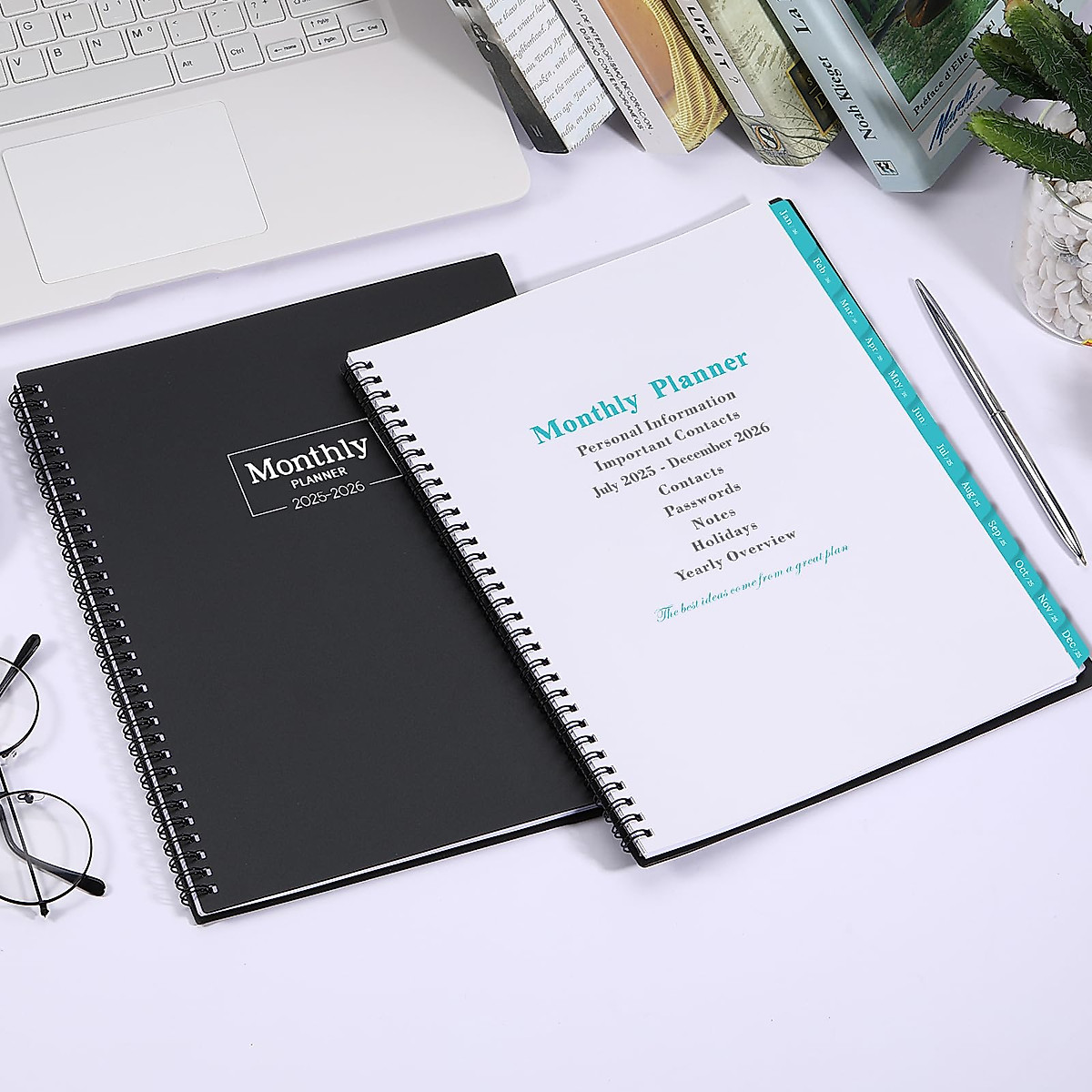 2023-2024 Monthly Planner/Calendar - 18-Month Planner with Tabs & Pocket, July 2023 - December 2024, Contacts and Passwords, 8.5" x 11", Thick Paper, Twin-Wire Binding - Black