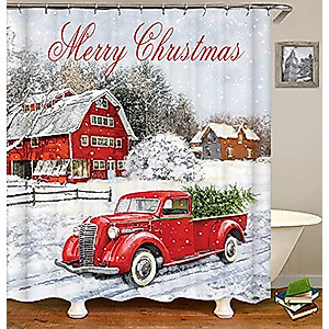 4 Pcs Christmas Shower Curtain Sets with Rugs Red Truck with Xmas Tree Snowmen Farmhouse Shower Curtain Waterproof Bathroom Set with Hooks Toilet Lid Cover Bath Mat