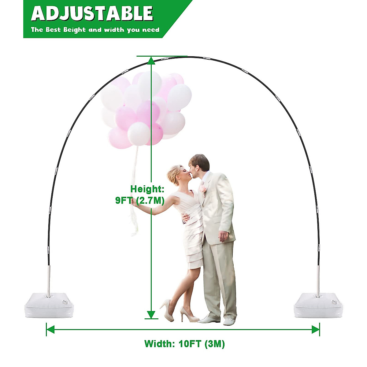 Balloon Arch Kit, 9FT Tall &10Ft Wide Adjustable Plastic Balloon Column Stands Set with Water Fillable Bases and Water Bag 50 Balloon Clips,1 Manual Pump,2 Knotter, Dot Glue,2 Flower Clips...