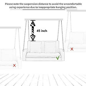 UBGO 2-Person Wicker Hanging Porch Swing with Chains, Cushion, Pillow, Rattan Swing Bench for Garden, Backyard, Pond. (White Wicker, Gray Cushion)