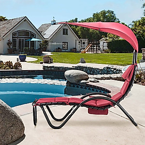 MCombo Outdoor Steel Chaise Lounge Chair with Removable Canopy and Cushions, Reclining Chair w/Side Pocket Arc Stand, for Beach Poolside Backyard Balcony Porch, 4097 (Burgundy)