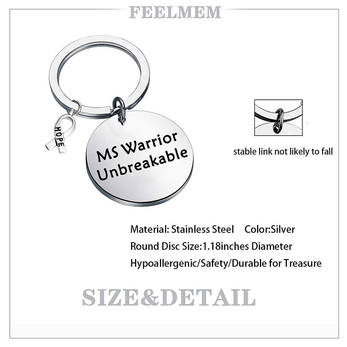 FEELMEM MS Awareness Jewelry Ms Warrior Unbreakable Keychain Multiple Sclerosis Awareness Gift Cancer Fighter Gift MS Survivor Inspirational Hope Gifts (silver)