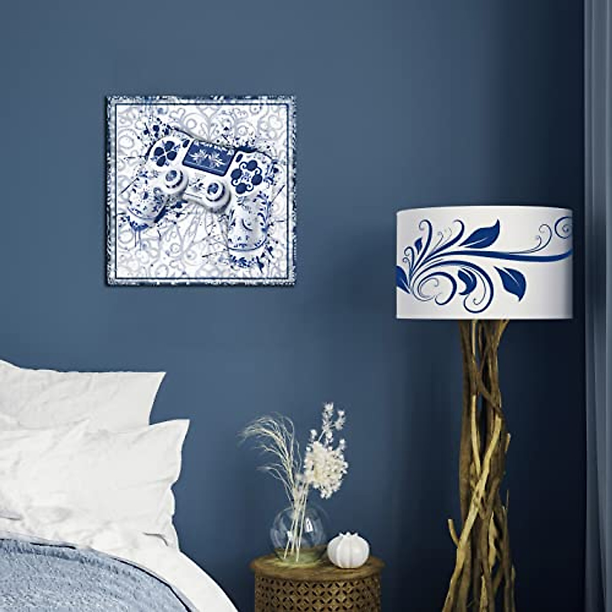 ZHAOSHOP Gaming Decor for Boys Room - Blue and White Canvas Wall Art for Bedroom - Gamer Wall Decor Ready to Hang 14" x 14"