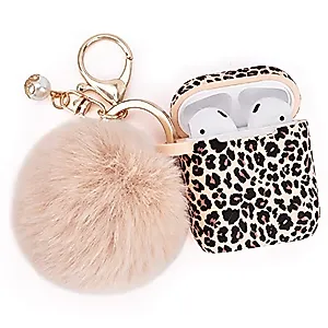 AIRSPO Airpod Case Airpods Case Cover for Apple AirPods 2&1 Silicone Protective Skin Cute Airpod Case for Girls with Pom Pom Fur Ball Keychain/Strap/Accessories (Leopard Print+Fur Ball)