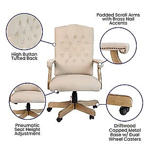 Flash Furniture Traditional Office Chair - Ivory Microfiber Tufted Swivel Office Chair - Home Office Desk Chair with Driftwood Base