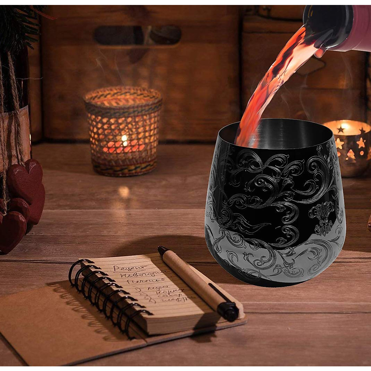 Sky Fish Stemless Stainless Steel Etching Wine Glasses,18 oz Black Plated,Set Of 4