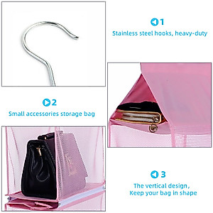 KEEPJOY Closet Purse Organizer, Hanging Handbag Organizer with 4 Heavy-Duty Mesh Shelves Closet Purse Storage Bag (Pink)