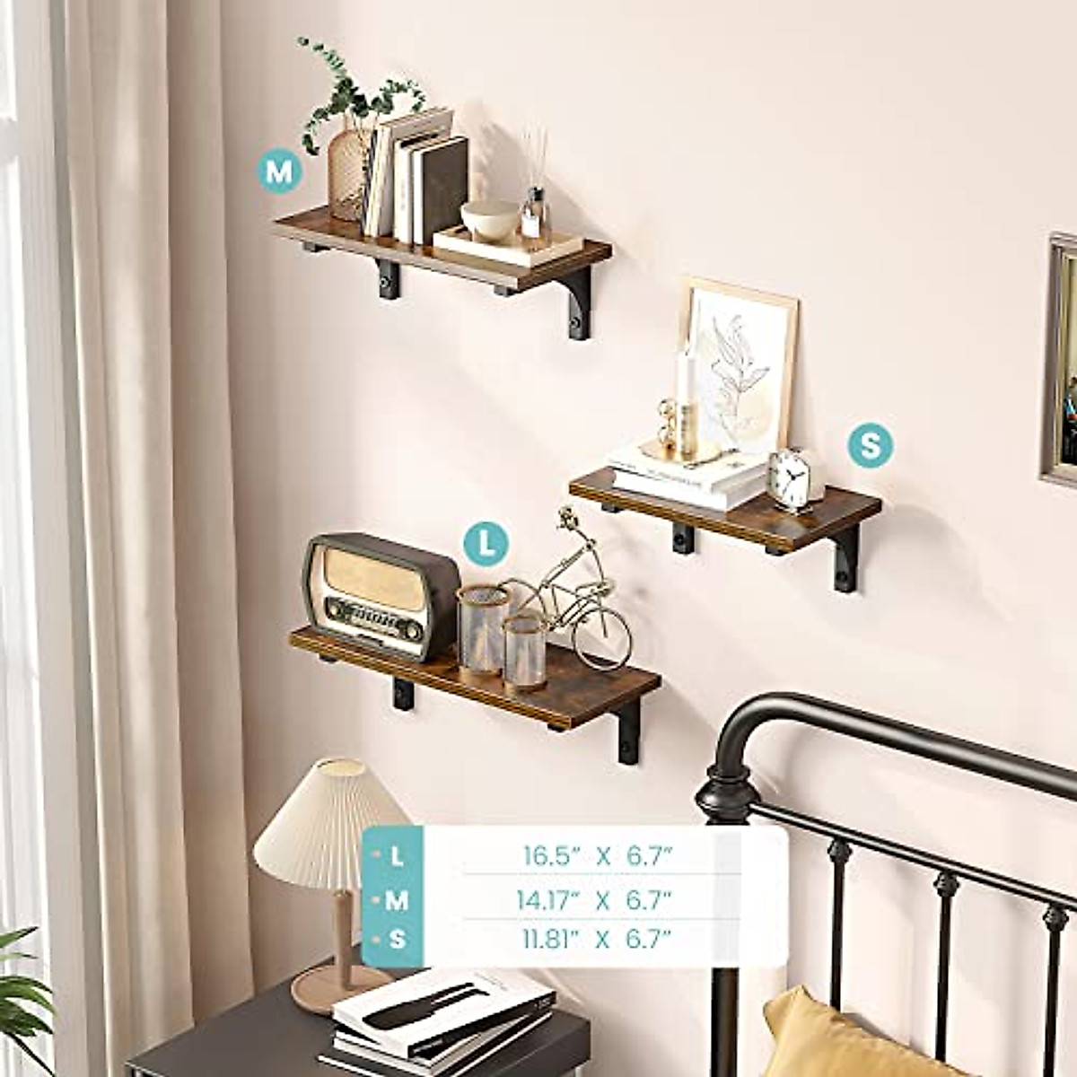 EZFurni Set of 3 Wider Floating Shelves, Wall Mounted Shelves for Wall Decor, Solid Wall Shelves for Bedroom, Customized Floating Shelves Bathroom, Kitchen, Versatile Wood Shelves, Rustic Brown