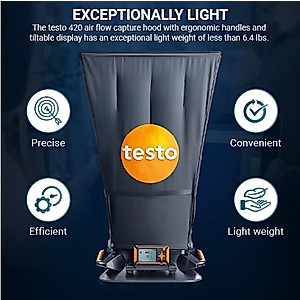 Testo 420 Flow Hood – Air Flow Meter for Airflow, air velocity, volume flow, temperature, and relative humidity – HVAC Air Flow Meter CFM with Tiltable Display, Bluetooth, and App Compatibility