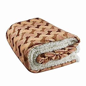 Longrich Flannel Dog Bone Print & Ultra Soft Sherpa Throw Blanket, 60" L X 50" W, Taupe