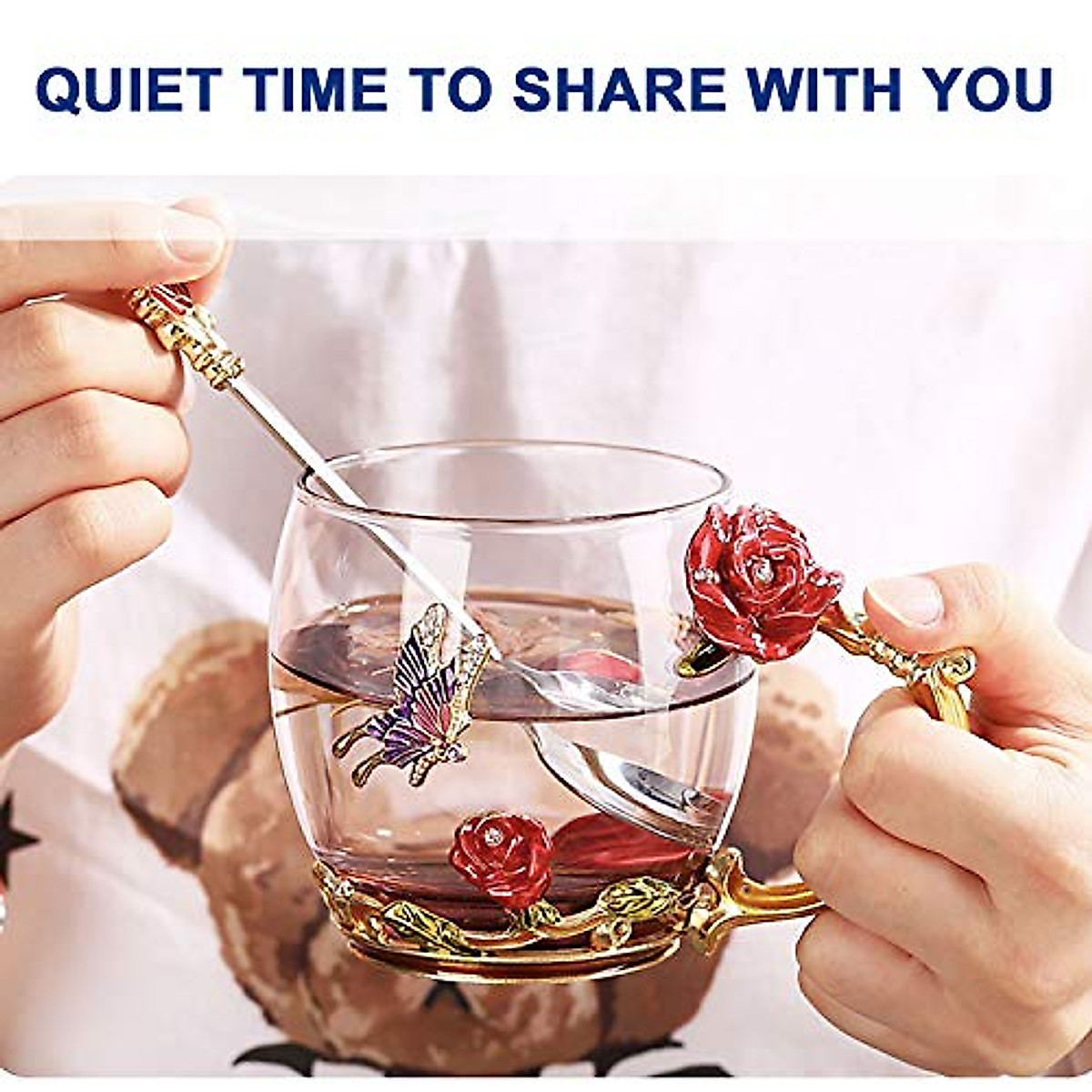 Tea Cup Glass Coffee Mugs (12 oz), Pack of 2 Fancy Tea Cups, Clear Glass Cups with Spoon Set, Mother's Day Gifts, Handmade Butterfly, Rose Flower Enamel Design, Birthday Decoration Wedding Gift Ideas