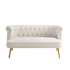Nolohoo Loveseat Chesterfield Sofa with Gold Legs, Velvet Tufted Vintage Victorian Sofa 2 Seater Curved Mini Couch Rolled Arms, Comfy Love seat for Living Room, Bedroom, Cream White