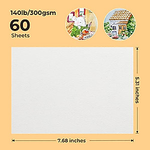 Paul Rubens 60 Sheets Watercolor Paper, Cold Press 50% Cotton&140lb /300gsm Acid-free Bulk White Paper for Artists, Students & Adults（7.68 * 5.31 inch）