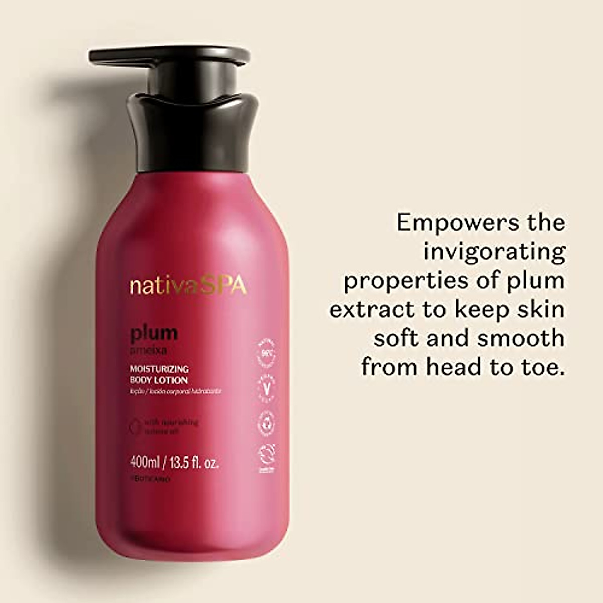 Nativa SPA by O Boticário, Plum Moisturizing Body Lotion, Fragranced Moisturizer Enriched with Purified Quinoa Drops to Boost Hydration, 13.5 Ounce