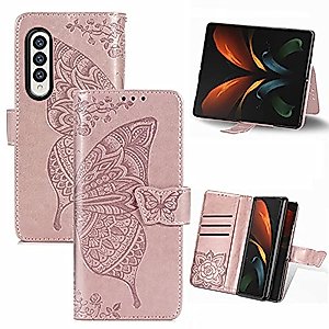 Bizzib for Samsung Galaxy Z Fold 3 5G Case Magnetic Closure Wallet,Embossed Floral Butterfly Leather Folio Flip Case with Card Slot Shockproof Protective Cover for Women Girls-Rose Gold