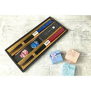 Premium Japanese Chopsticks Reusable with Chopsticks Rest Set of 2 Pairs[ Made in Japan ] Traditional Lacquer Art Wooden Chopsticks (Splashed Pattern BL/RD(MK026))