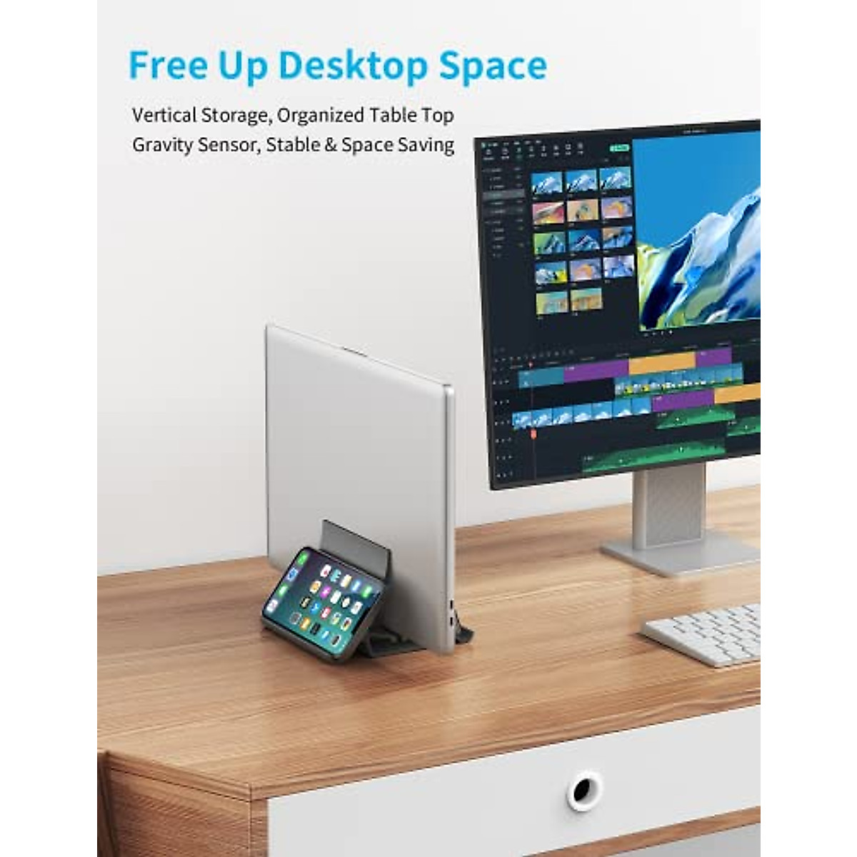 MOMAX Vertical Laptop Stand Holder, Gravity Auto Locking Holder Storage Dock, Space Saving for Desk Organizer, Fits All MacBook, iPad, Surface, Dell, Chromebook, Gaming Laptops (Up to 17.3 inches)