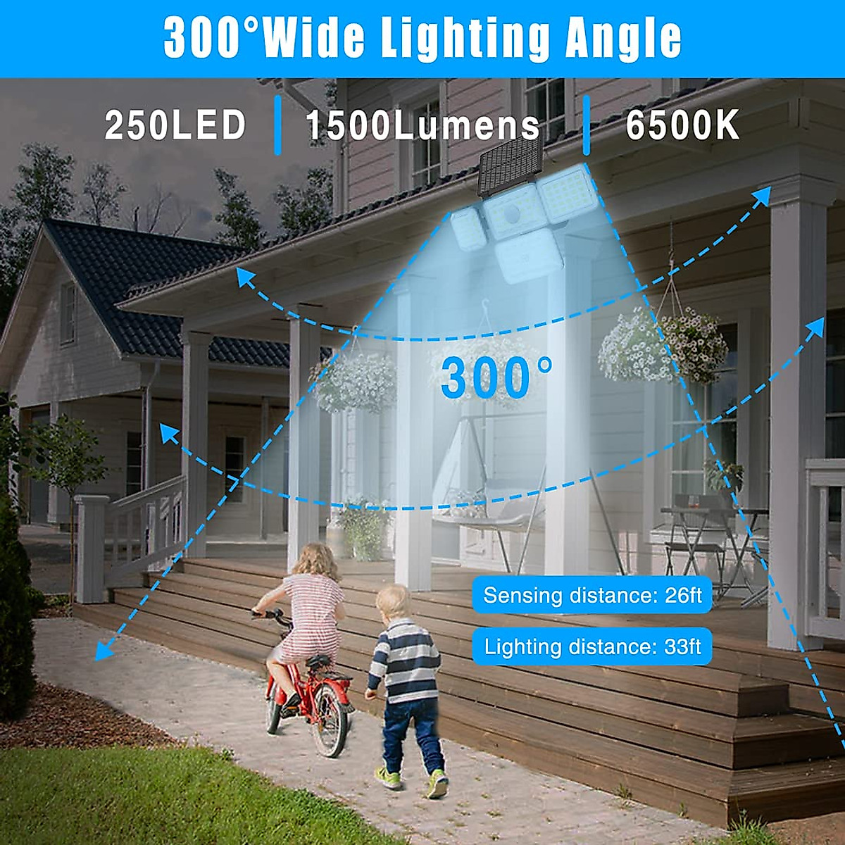 Solar Lights Outdoor, 250 LED 2500LM Security Motion Sensor Flood Light with 4 Adjustable Heads, IP67 Waterproof, 3 Modes & 300° Wide Angle Smart Outside Wall Light for Garden Pathway Garage, 2 Pack